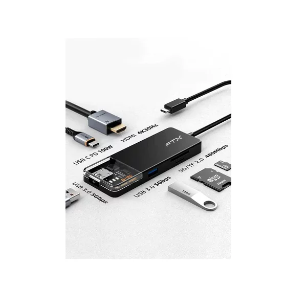 Hub 6 en 1 USB-C Multifunción HDMI + USB + SD 4K/30Hz 100W
